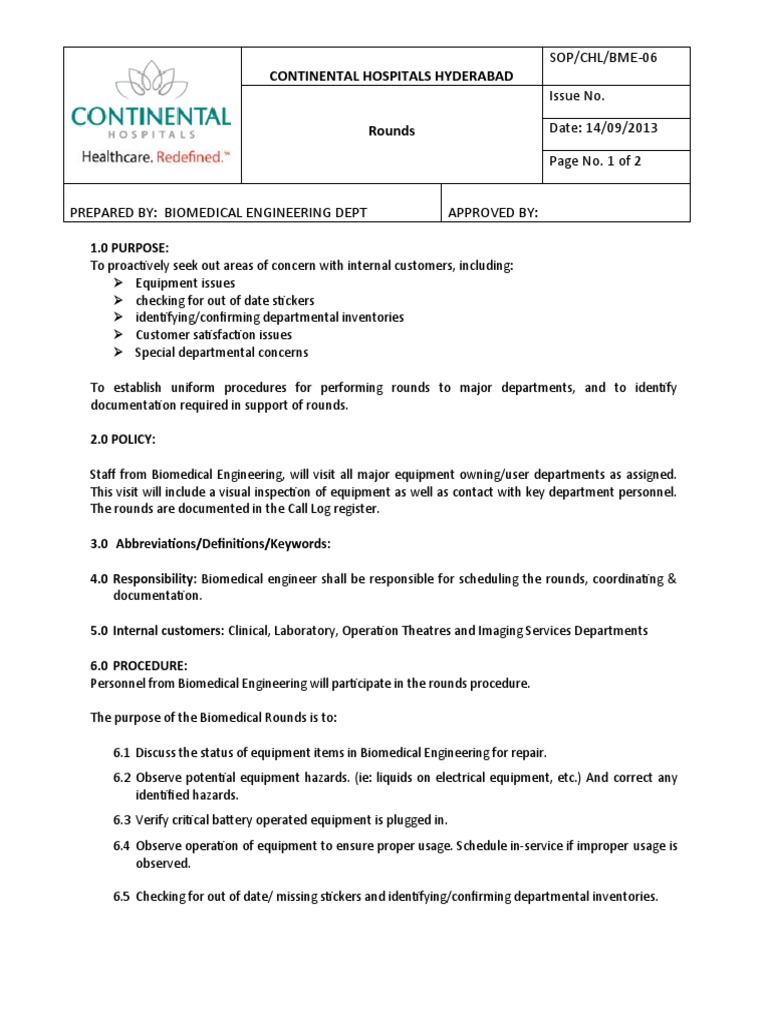 SOP/CHL/BME-06 Issue No. Date: 14/09/2013 Page No. 1 of 2: Continental ...