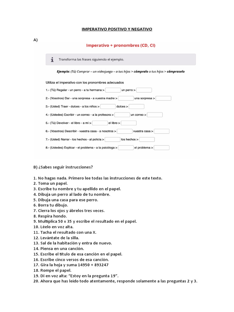 Ejercicios Imperativo Positivo y Negativo | PDF | Artes del Lenguaje y ...