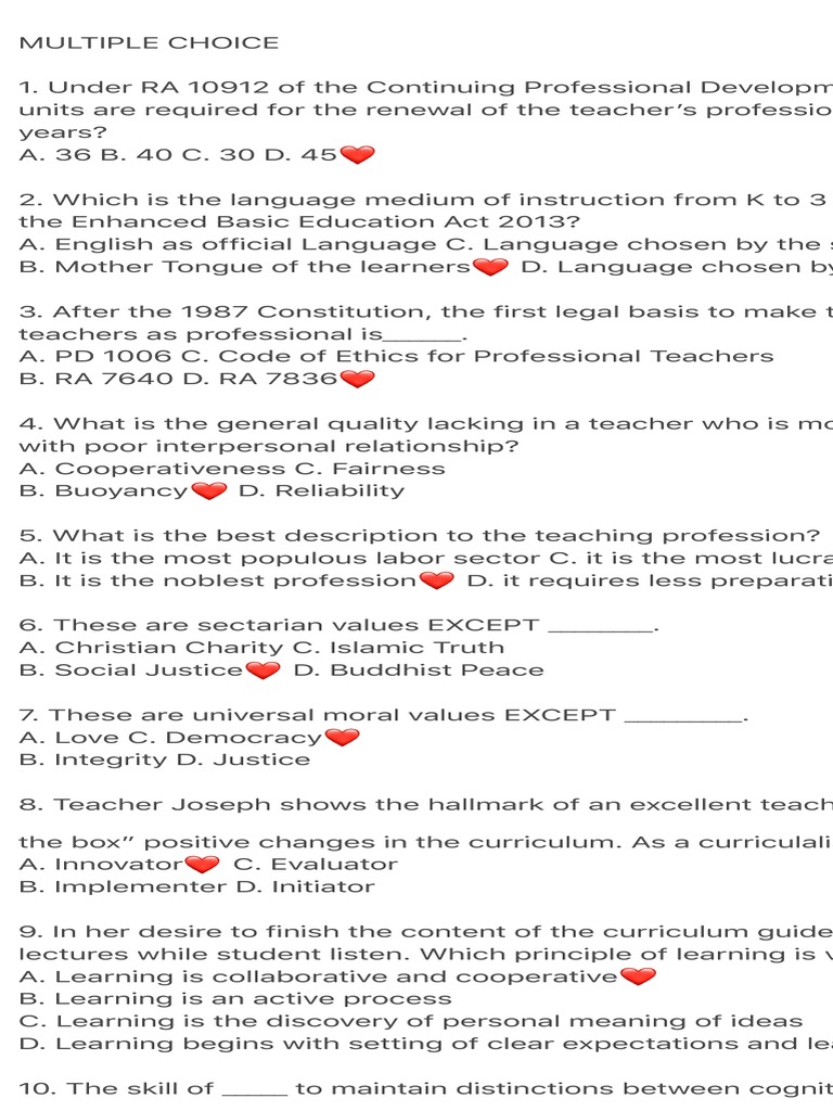 MULTIPLE CHOICE LET Reviewer 2020 | PDF | Educational Assessment ...