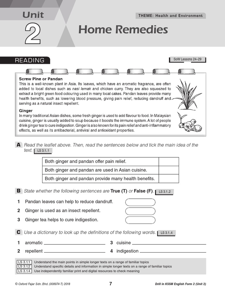 English Form 2 Units 2 | PDF | Ginger | Foods