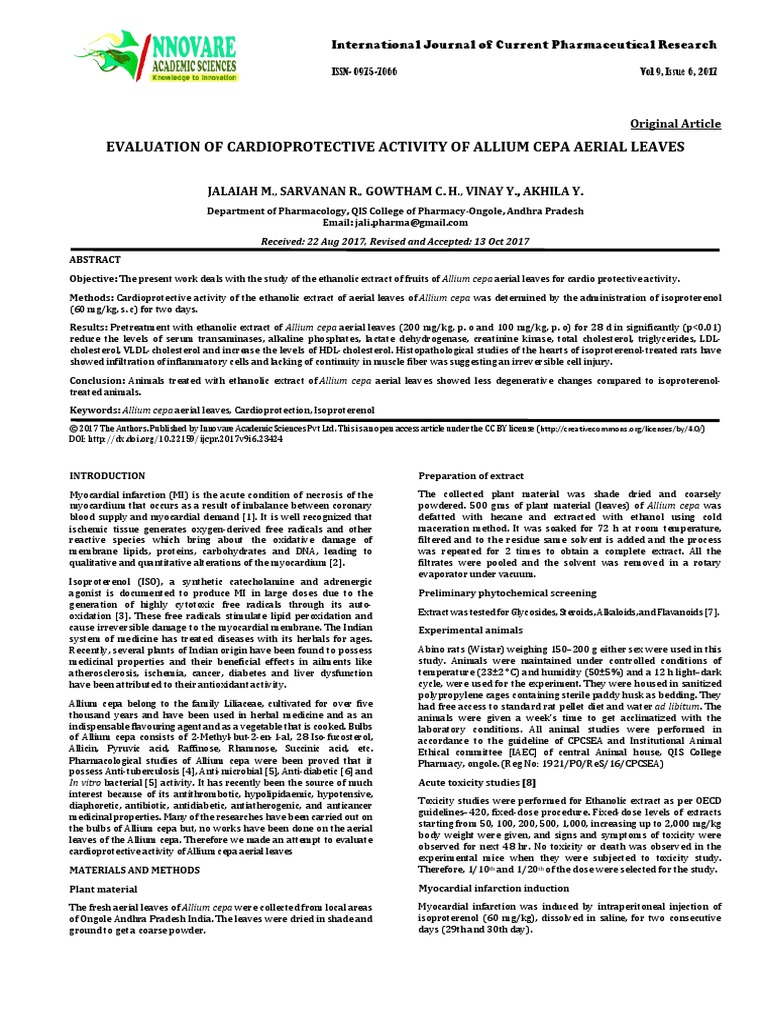 Evaluation of Cardioprotective Activity of Allium Cepa Aerial Leaves ...