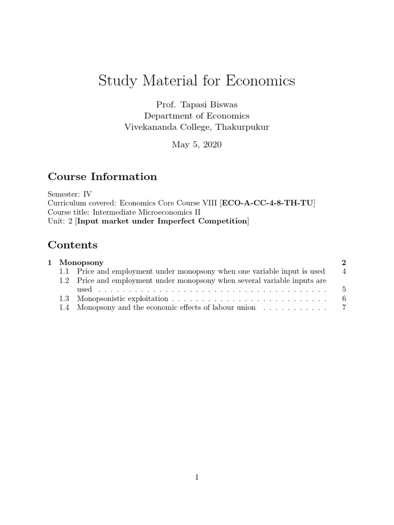 Study Material For Economics: Course Information | PDF | Labour ...