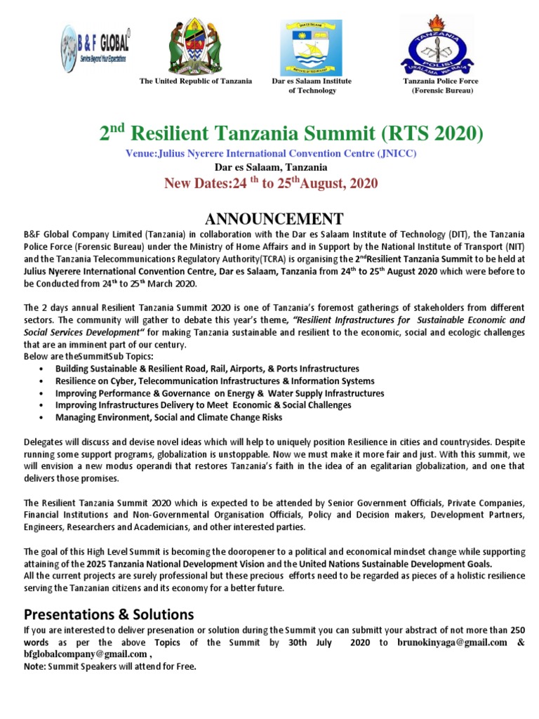 2 Resilient Tanzania Summit (RTS 2020) : Announcement | PDF | Tanzania ...