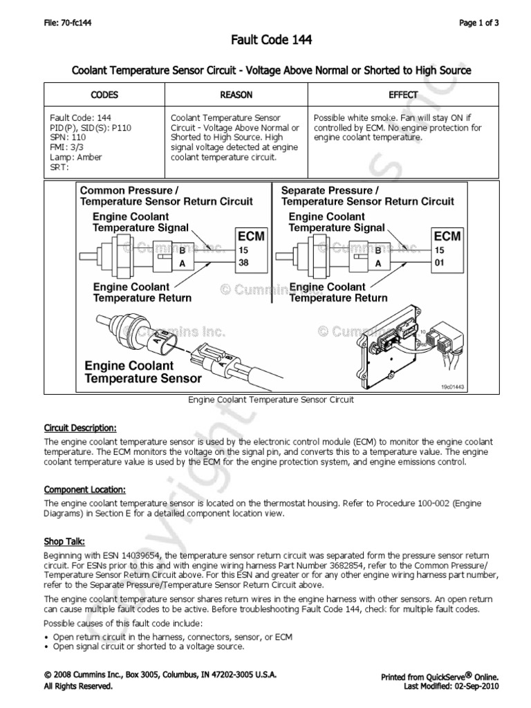 Fault Code 144: Coolant Temperature Sensor Circuit - Voltage Above ...