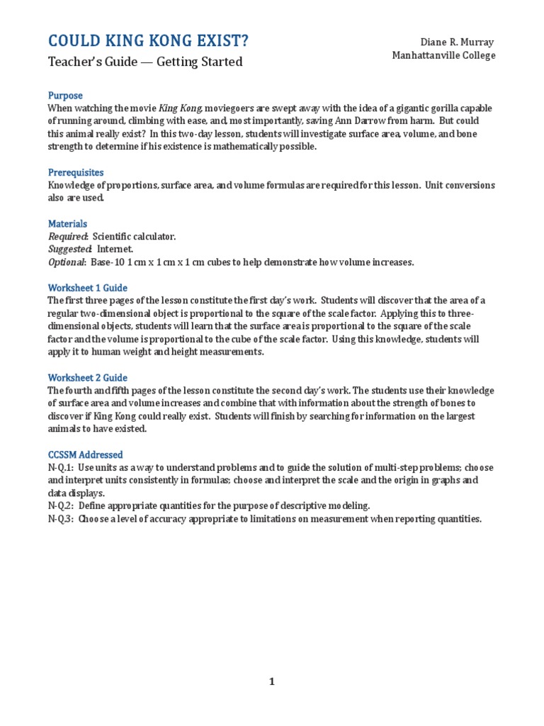 Could King Kong Exist?: Teacher's Guide - Getting Started | PDF | Area ...