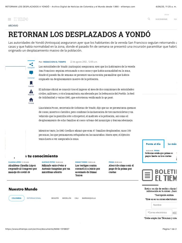 Retorno de Desplazados en Yondó | PDF | Gobierno | Agitación