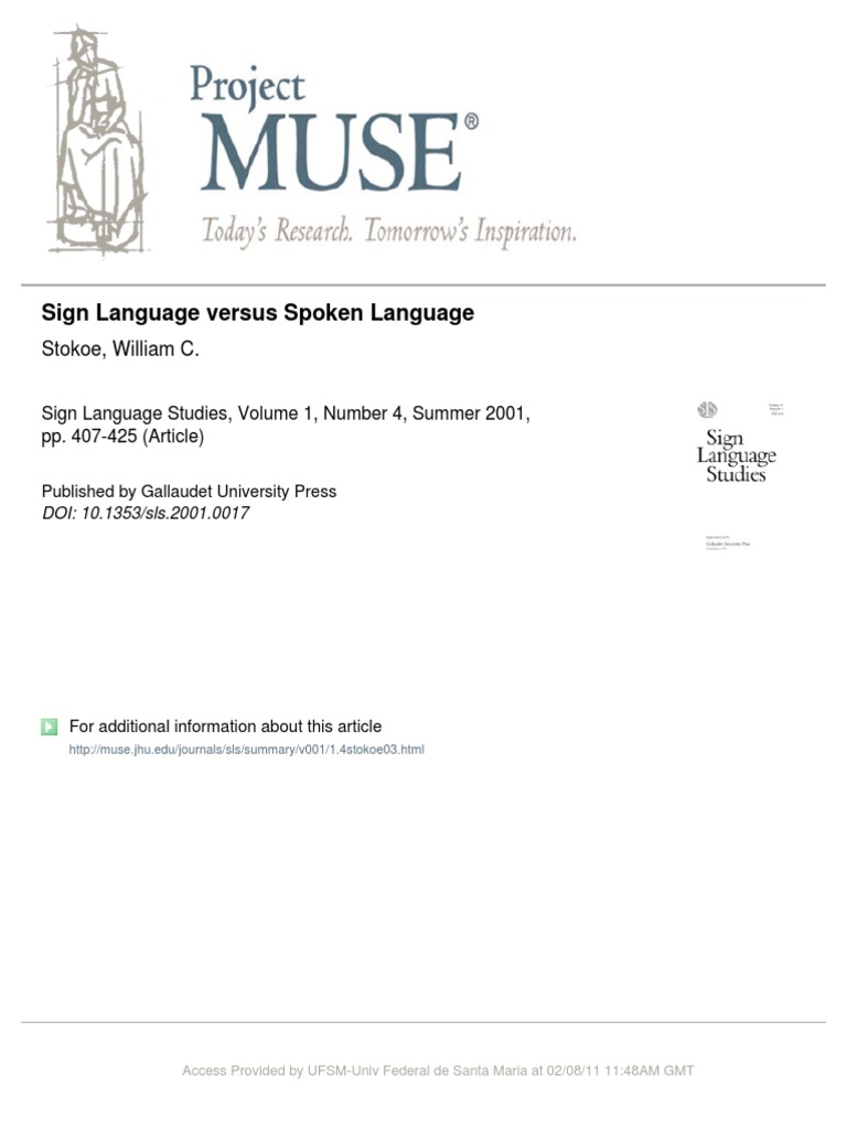 Sign Language Versus Spoken Language: Stokoe, William C | PDF | Sign ...