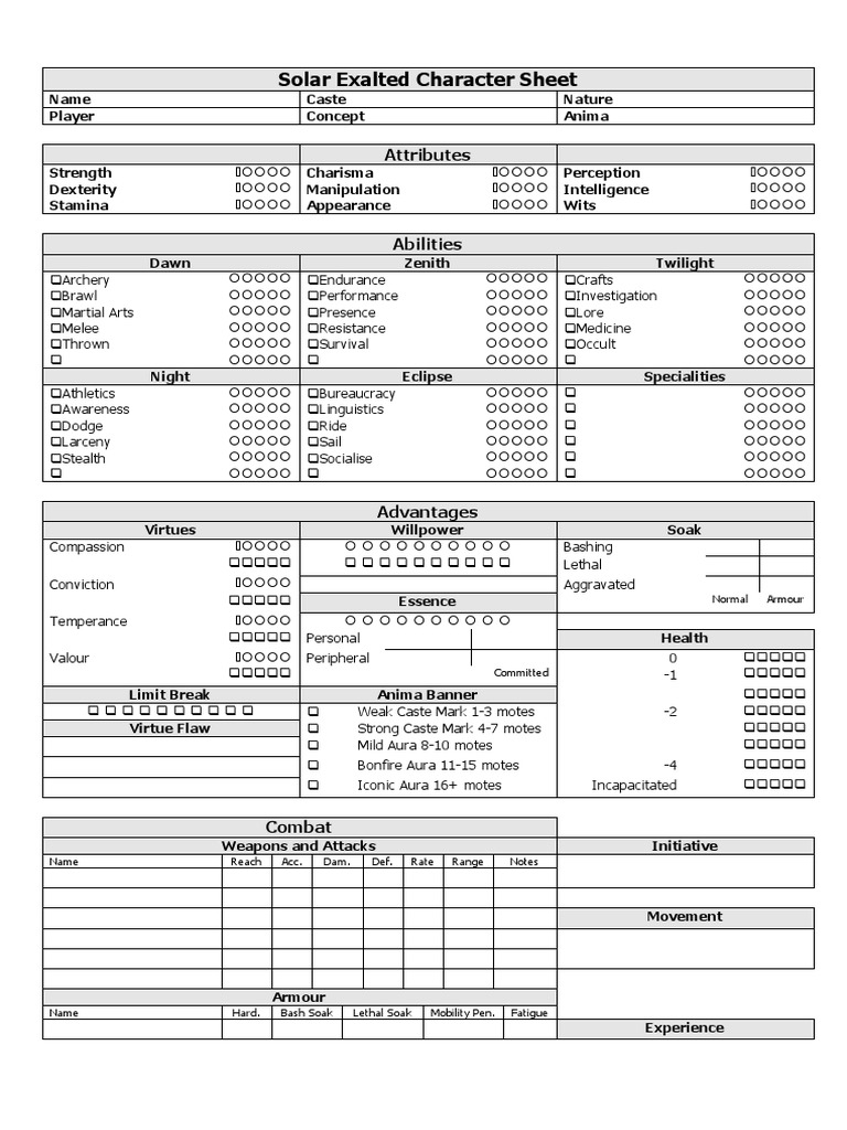 Solar Exalted Character Sheet: Attributes | PDF