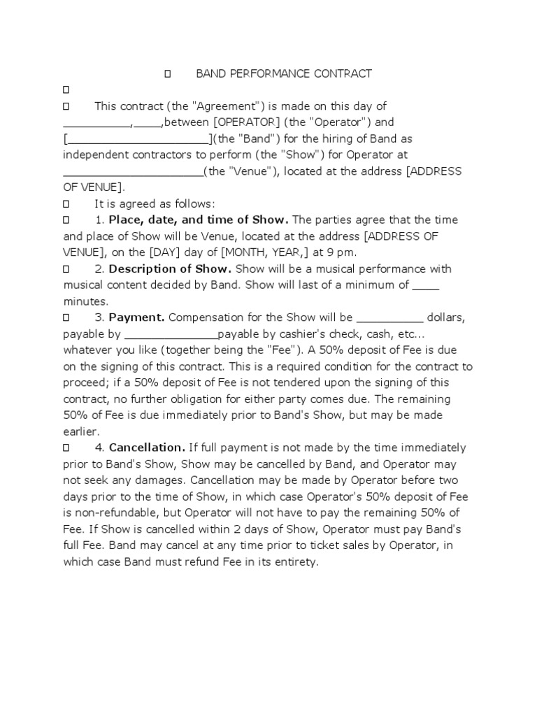 Band Performance Contract Template | PDF | Arbitration | Indemnity