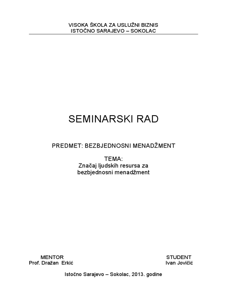 Seminarski-Znacaj Ljudskih Resursa Za Bezbjednosni Menadzment | PDF