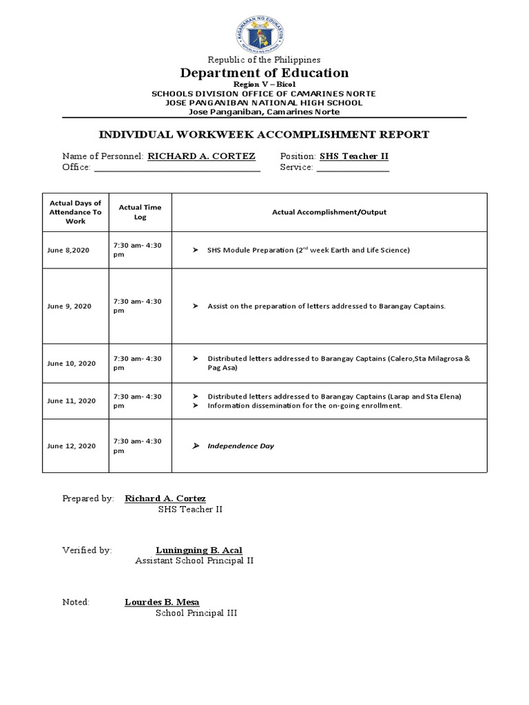 Department of Education: Individual Workweek Accomplishment Report | PDF