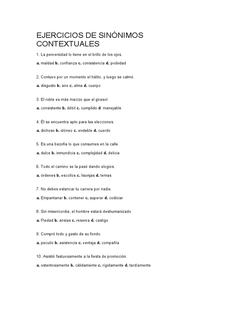 EJERCICIOS DE SINONIMOS CONTEXTUALES Tarea 1 | PDF