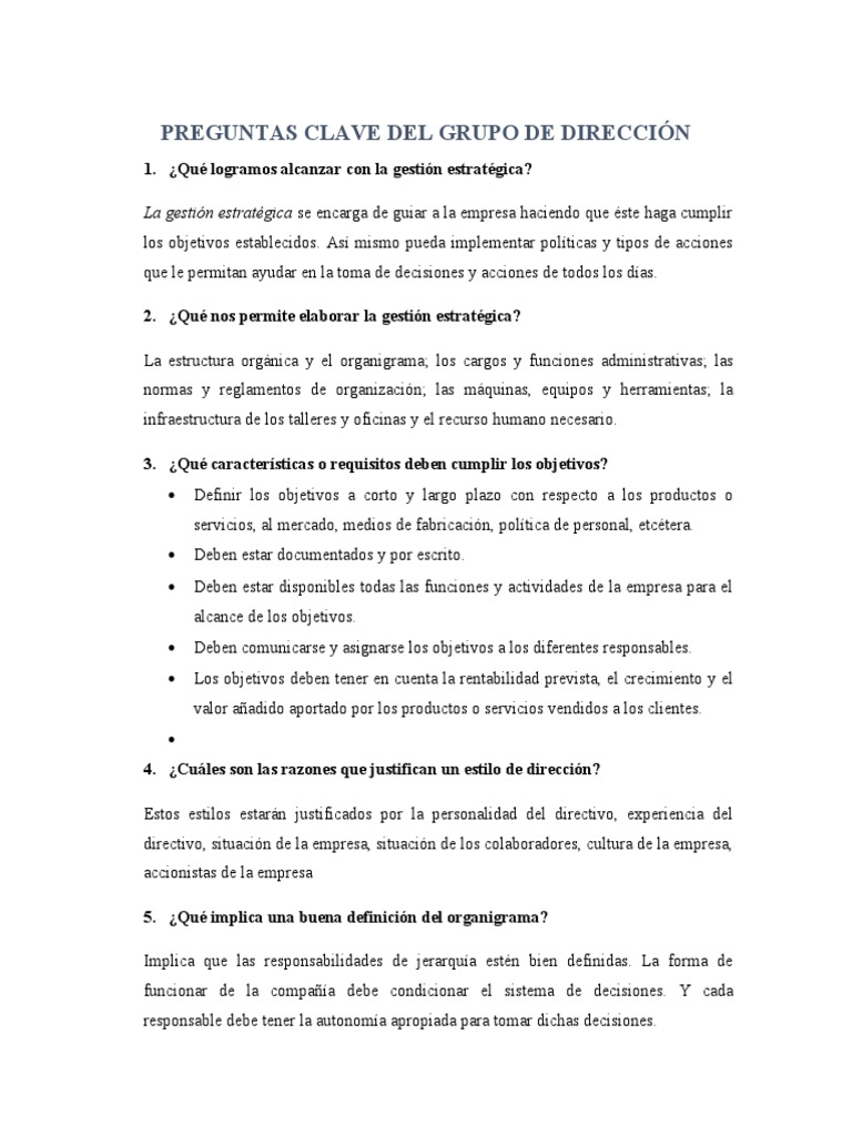 Preguntas Clave Del Grupo de Dirección | PDF | Gestión de recursos ...