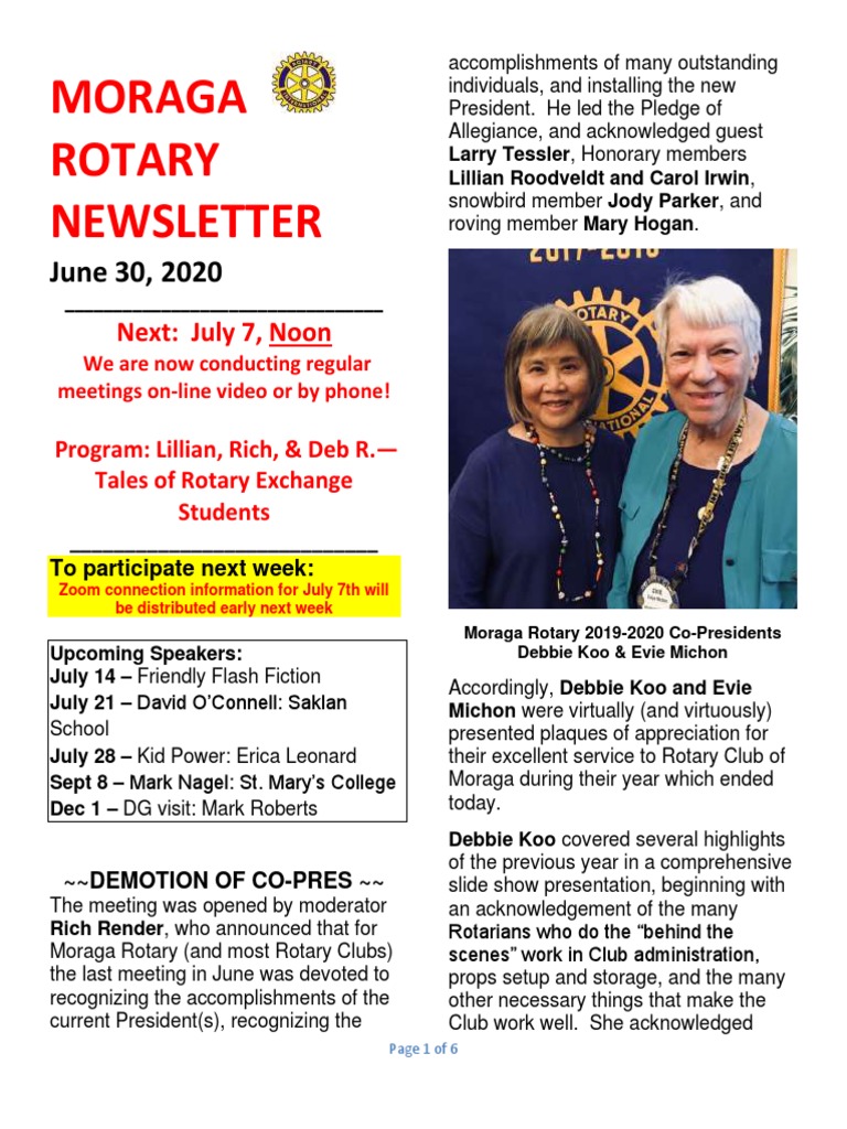 Moraga Rotary Newsletter June 30 2020 | PDF | Non Profit Organizations ...