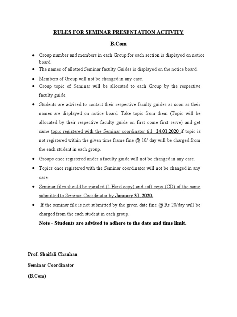 Rules For Seminar Presentation Activity: Prof. Shaifali Chauhan Seminar ...