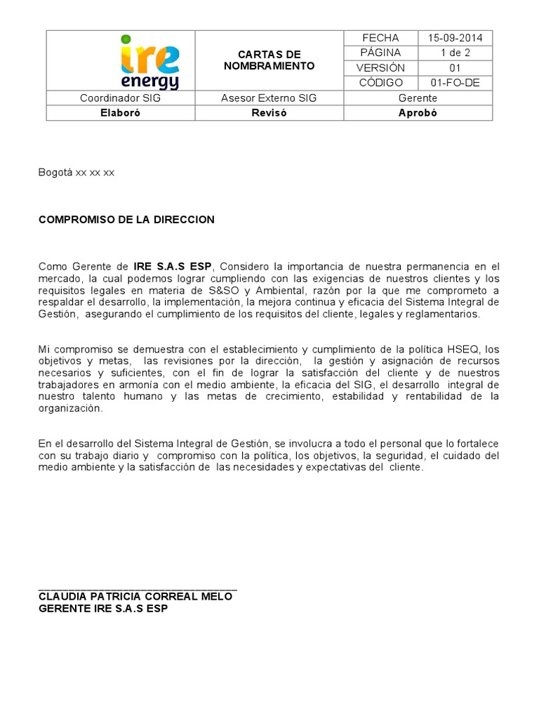 01-FO-DE Cartas Nombramiento | PDF | Cliente | Business