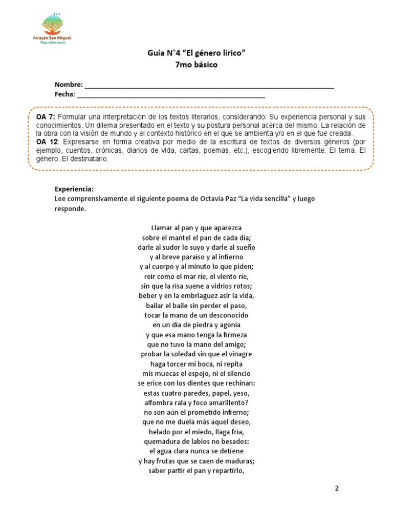 Guía N°4 7mo Comprensión Lectora en Poemas | PDF