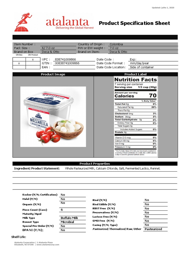 Product Specification Sheet - Mozz Ciliegine | PDF | Cheese | Milk