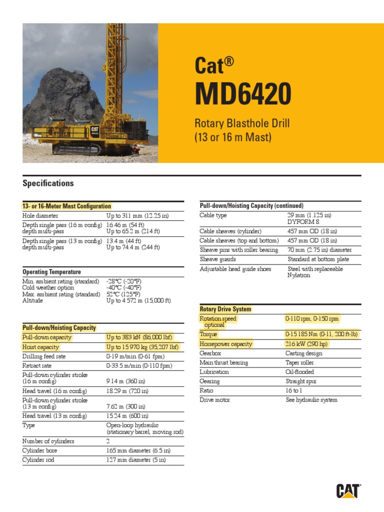 Cat MD6420 Rotary Blasthole Drill Specs | PDF | Horsepower | Pipe ...