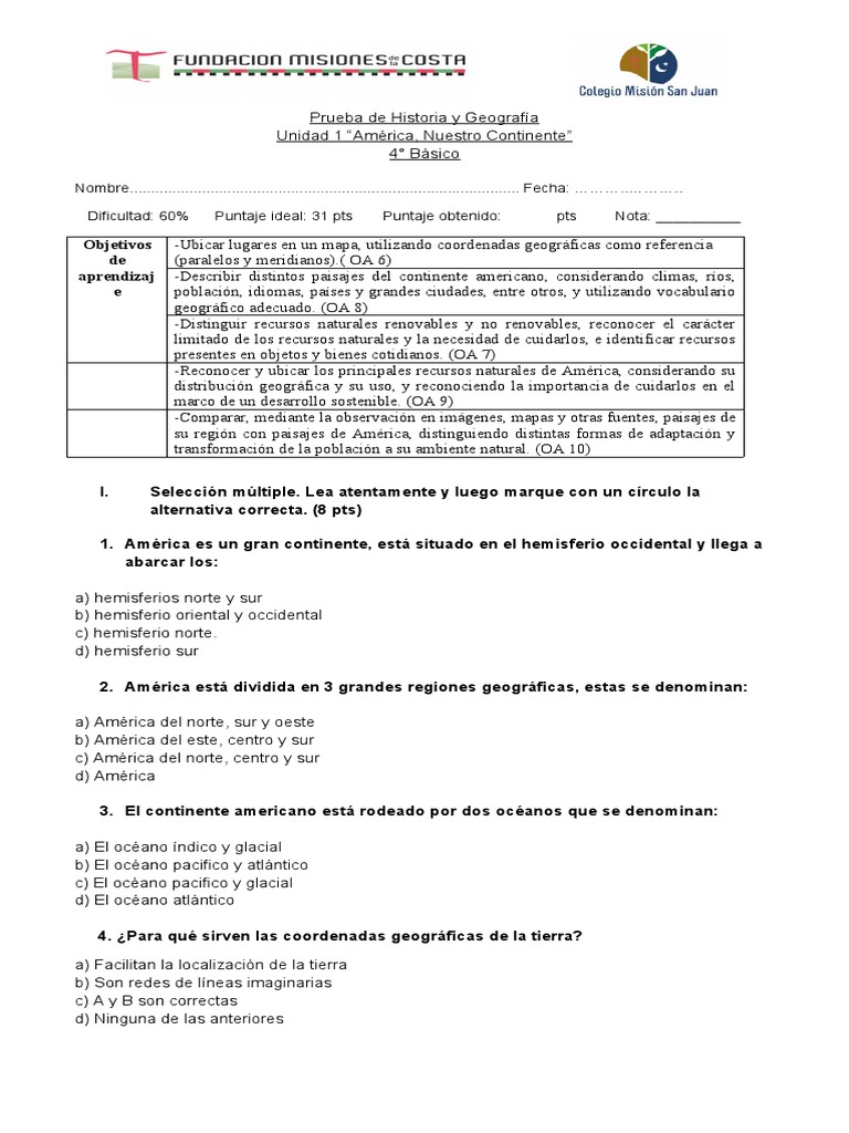 Prueba Unidad 1 America-Nuestro-Continente-4º-Basico | PDF | Océanos ...