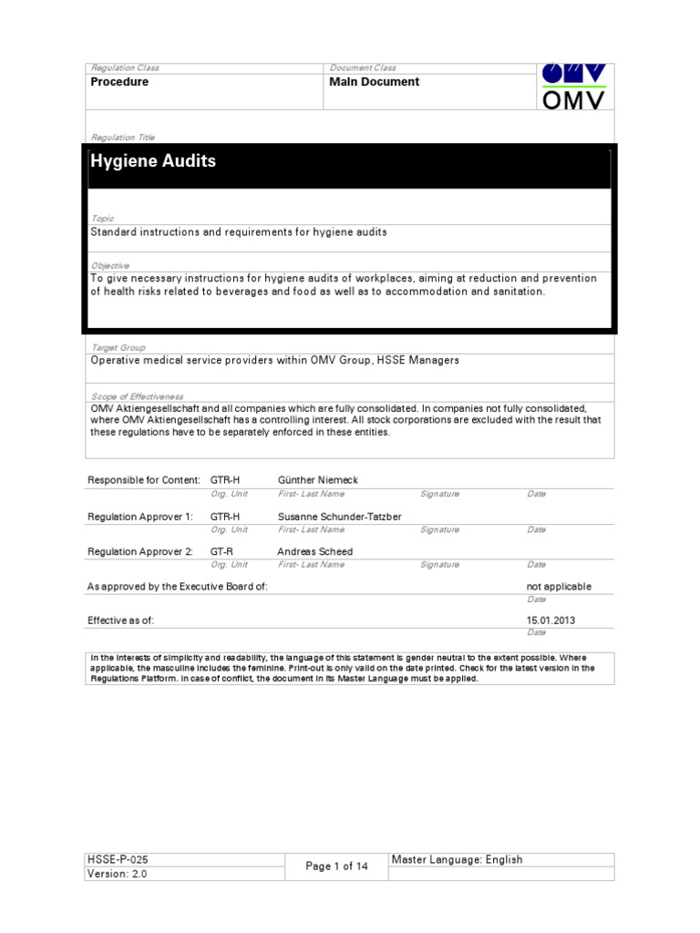 Hygiene Audits: Procedure Main Document | PDF | Hazard Analysis And ...