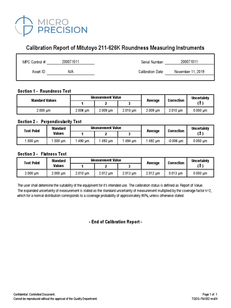Calibration Report of Mitutoyo 211-626K Roundness Measuring Instruments ...