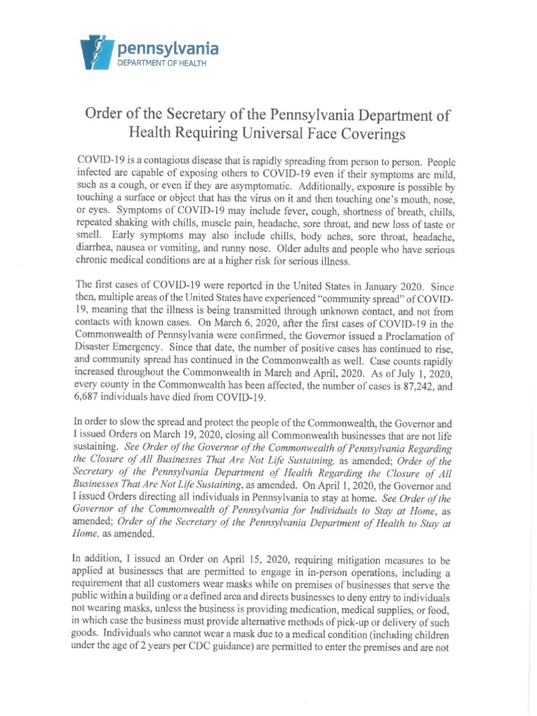 Pennsylvania Mandatory Face Mask Order | PDF
