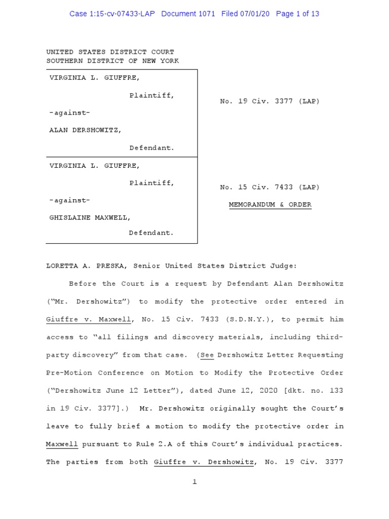Giuffre v. Maxwell and Giuffre v. Dershowitz Order | PDF | Discovery ...
