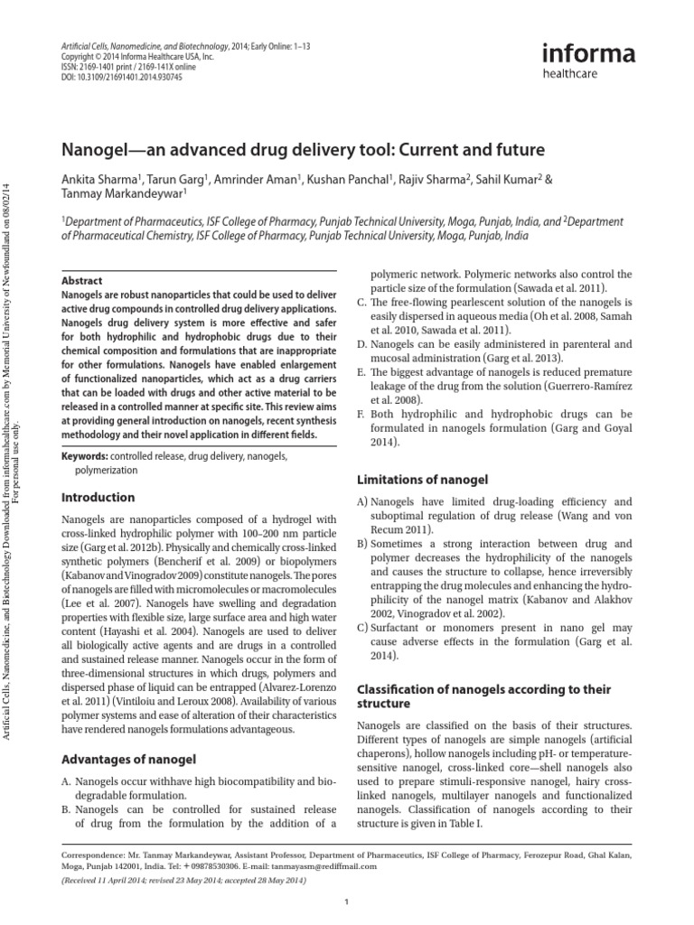 Nanogel, An Advanced Drug Delivery Tool - Current and Future | PDF ...