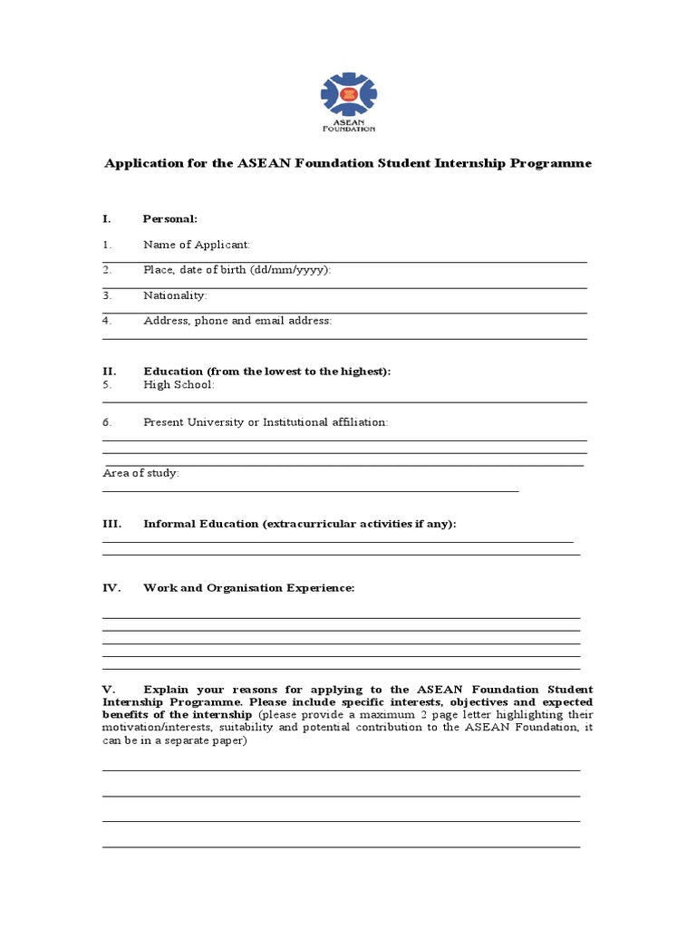 Application For The ASEAN Foundation Student Internship Programme | PDF ...