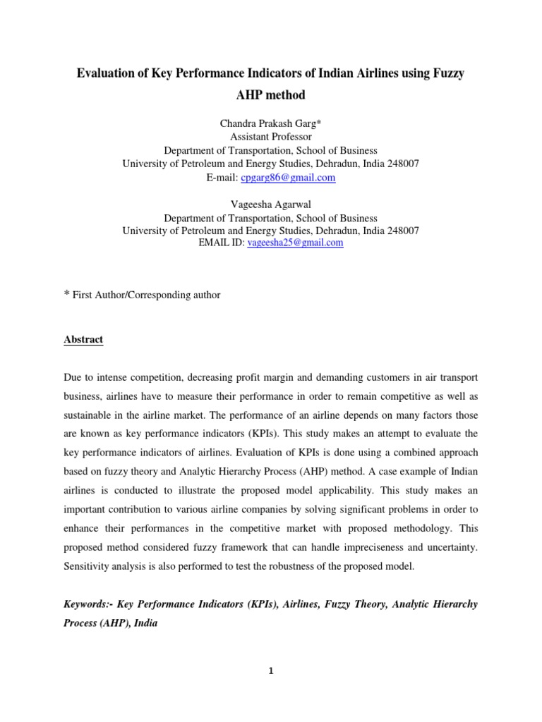 Evaluating Indian Airlines KPIs with Fuzzy AHP | PDF | Performance ...