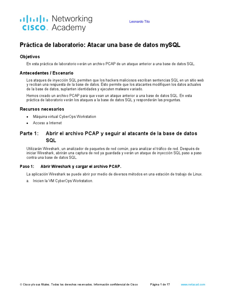 7.3.2.4 Lab - Attacking A mySQL Database Leonardo Tito | PDF | SQL | Bases de datos
