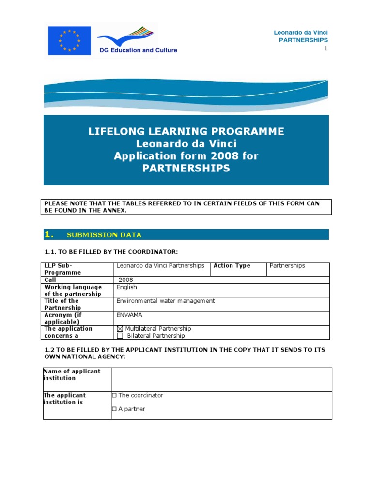 Lifelong Learning Programme Leonardo Da Vinci Application Form 2008 For Partnerships | PDF ...