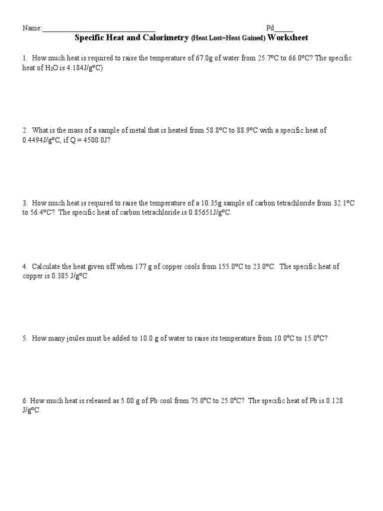 Specific Heat and Calorimetry Worksheet | PDF