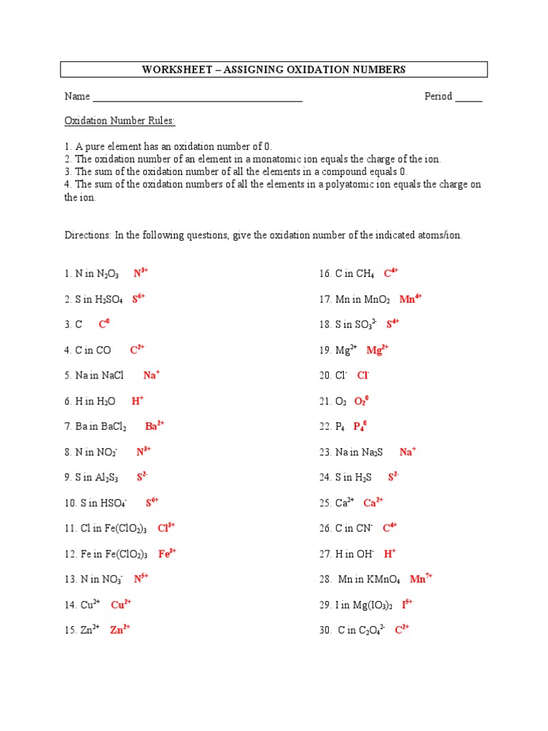 Oxidation Numbers Assignment Worksheet | PDF | Science & Mathematics