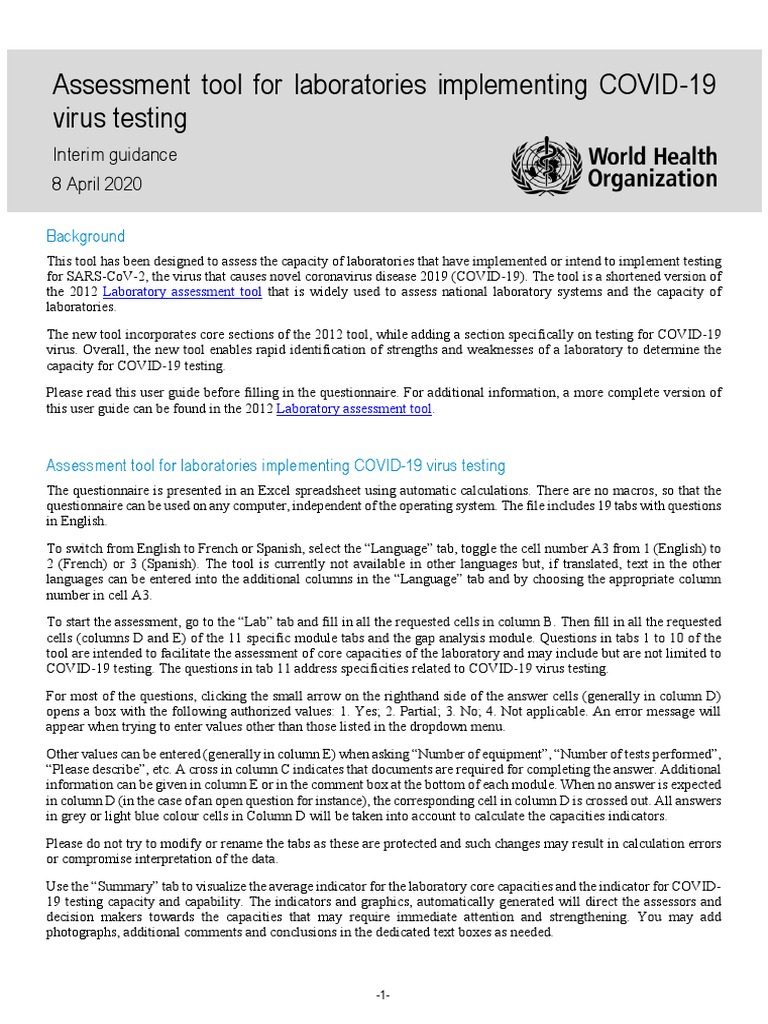 WHO 2019 nCoV Lab - Assessment - Tool 2020.1 Eng PDF | PDF | Microsoft ...