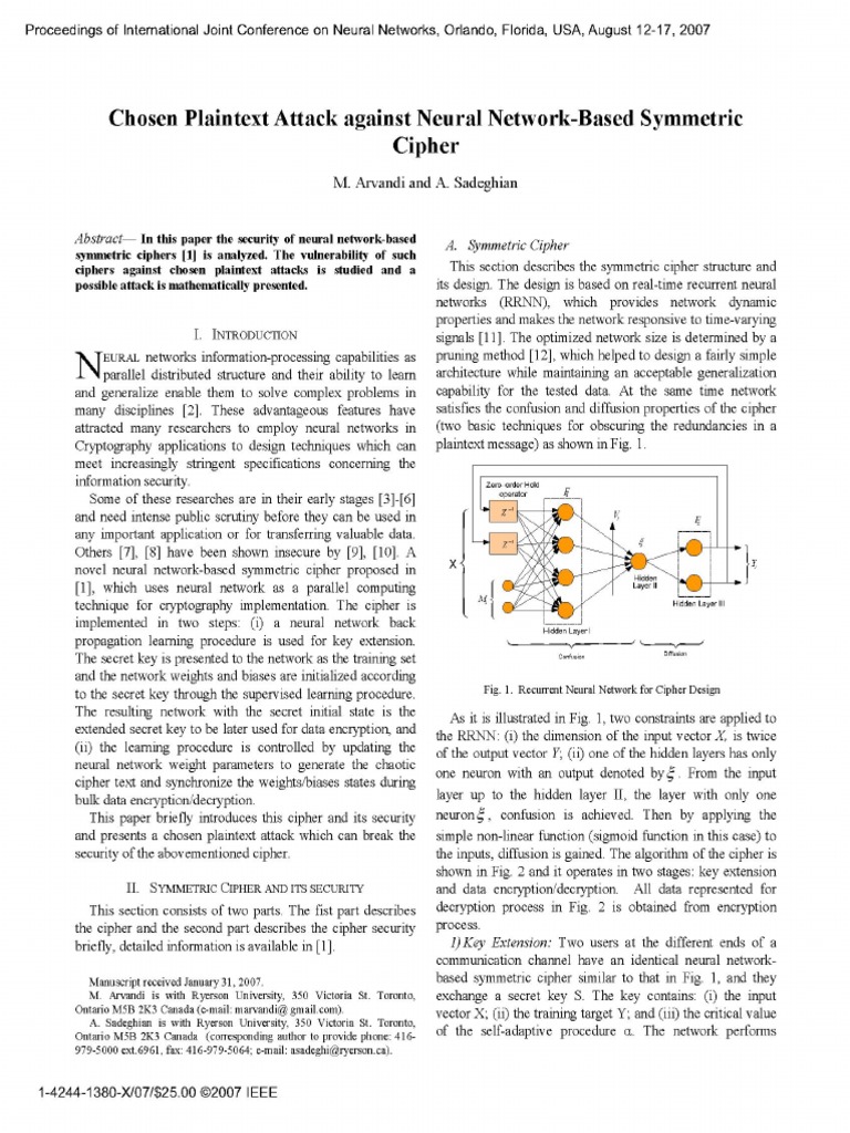 Chosen Plaintext Attack Against Neural Network-Based Symmetric Cipher | PDF | Cryptography | Cipher