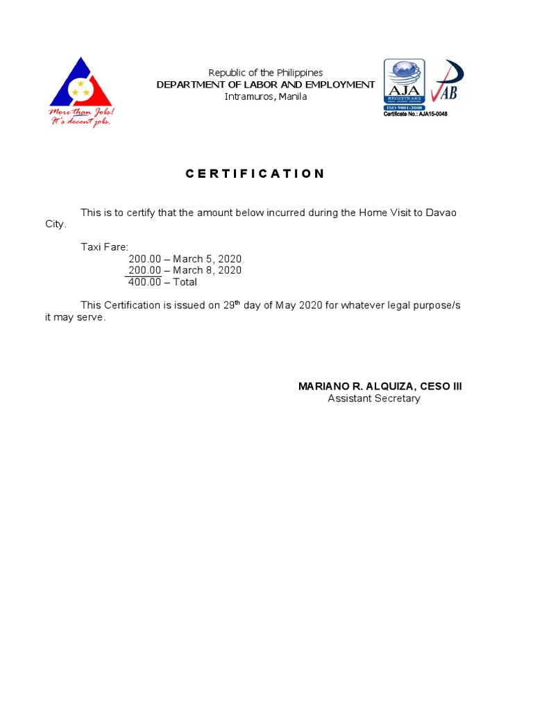 Certification: Department of Labor and Employment | PDF | Philippines ...