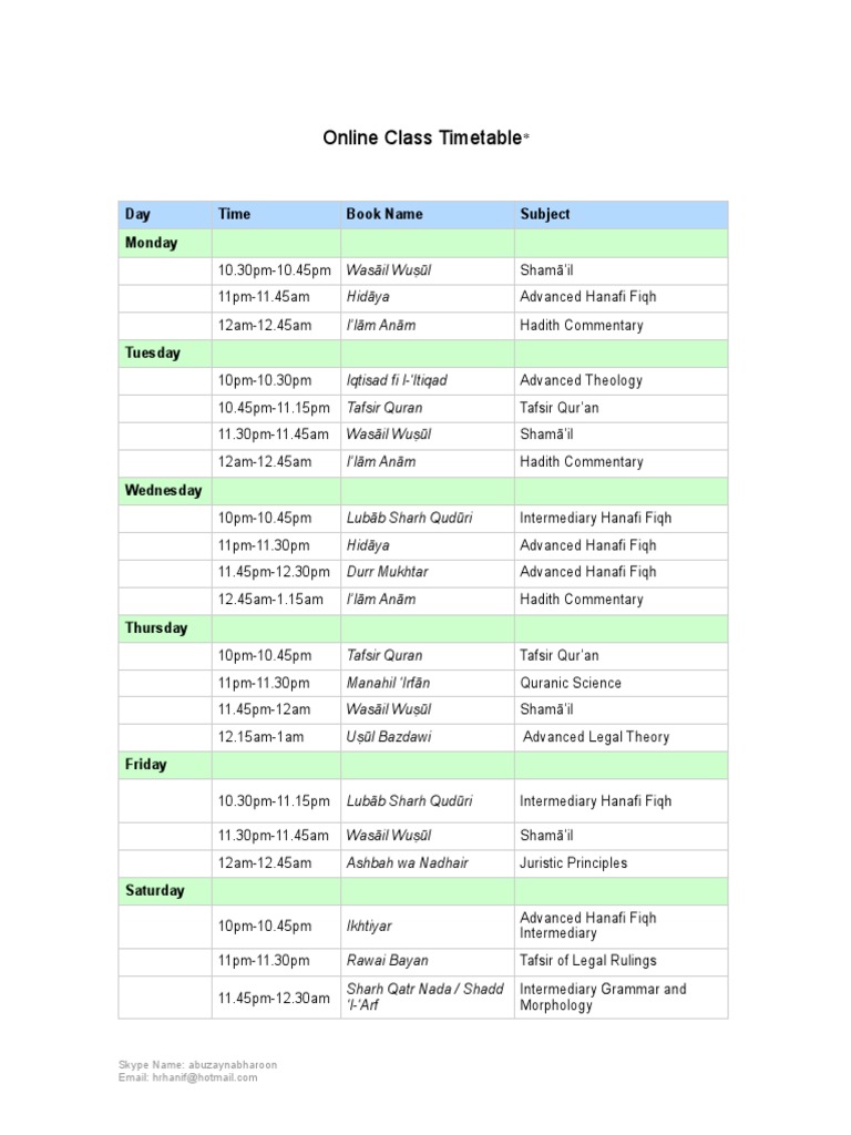 Online Class Schedule Overview | PDF | Hadith | Semitic Words And Phrases