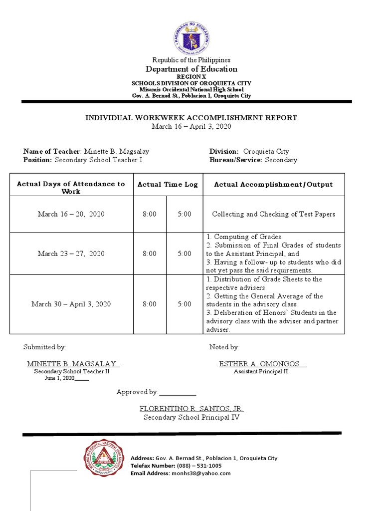 Department of Education: Individual Workweek Accomplishment Report | PDF | Learning | Behavior ...