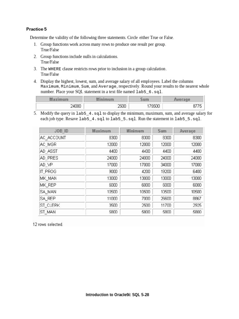 Practice 5 Introduction To Oracle9i Sql 5 28 Pdf Data Management Databases