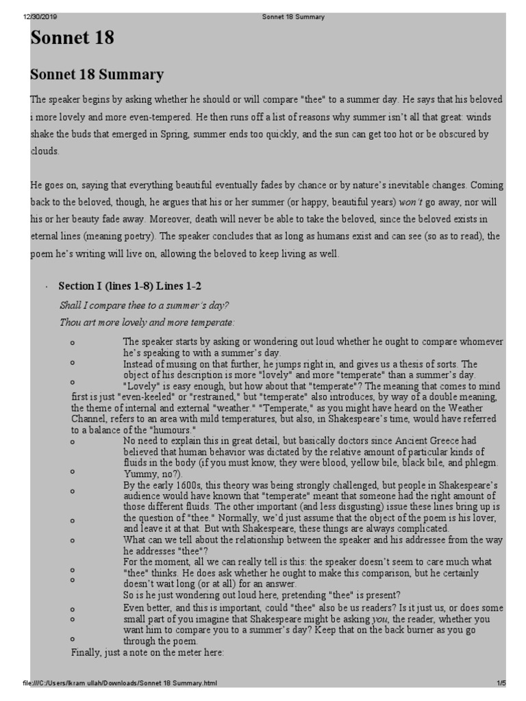 Sonnet 18: Summary and Analysis | PDF | Poetry | Sonnets