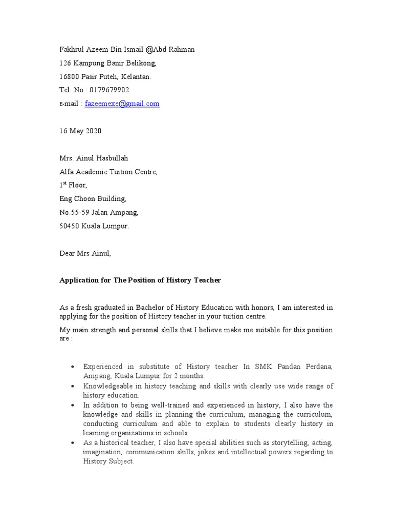 Application for History Teacher Position | PDF | Career & Growth