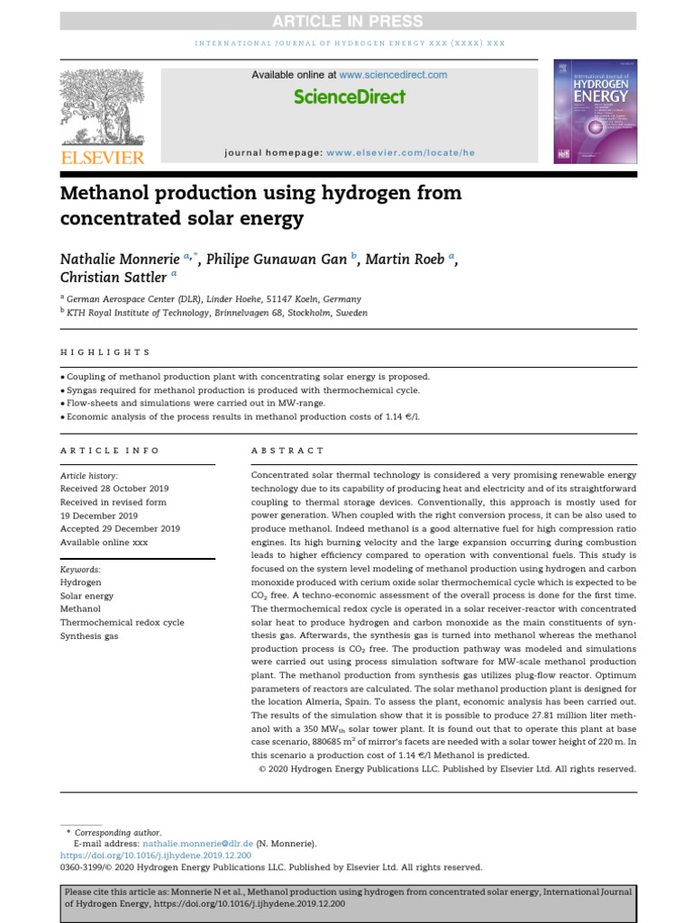 Methanol Production Using Hydrogen From Concentrated Solar Energy | PDF ...