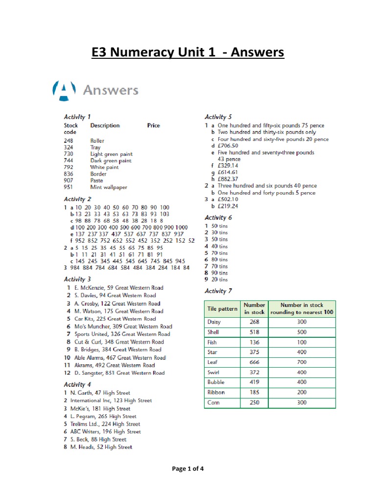 E3 Numeracy Unit 1 Number - Answers | PDF