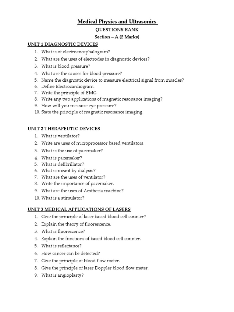 Medical Physics and Ultrasonics: Questions Bank Section - A (2 Marks ...