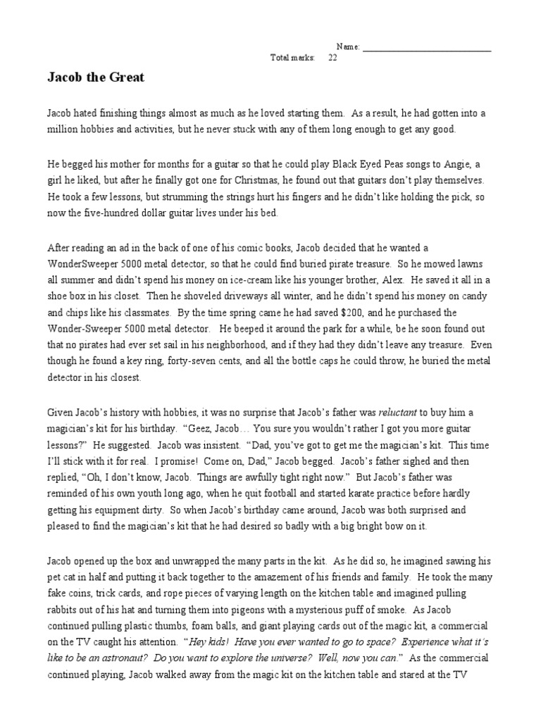 Jacob The Great: Name: - Total Marks: 22 | PDF | Narration