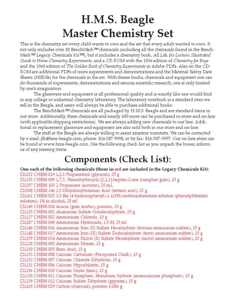 H.M.S. Beagle Master Chemistry Set: Components (Check List) | PDF ...