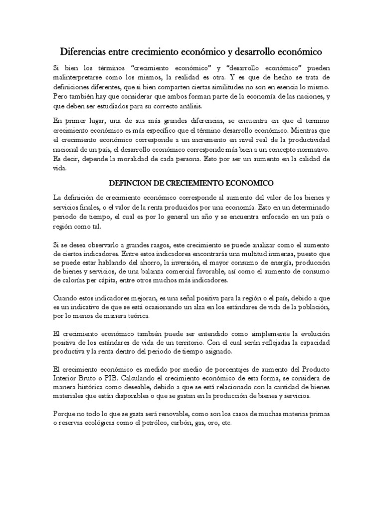 Diferencias Entre Crecimiento Económico y Desarrollo Económico | PDF | Crecimiento económico ...