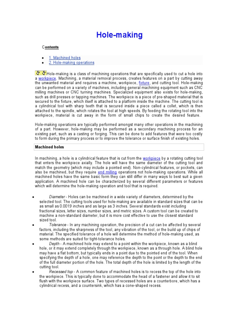 Machined Holes 2. Hole-Making Operations | PDF | Machining | Equipment